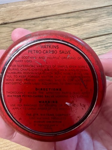 Vtg JR Watkins Petro Carbo First Aid Salve Empty Tin Red | eBay