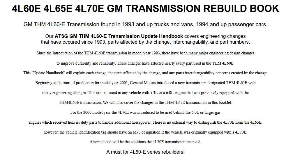 ATSG 4L60E/4L65E/4L70E Transmission Technical Manual Update 93UP UPDATE ...
