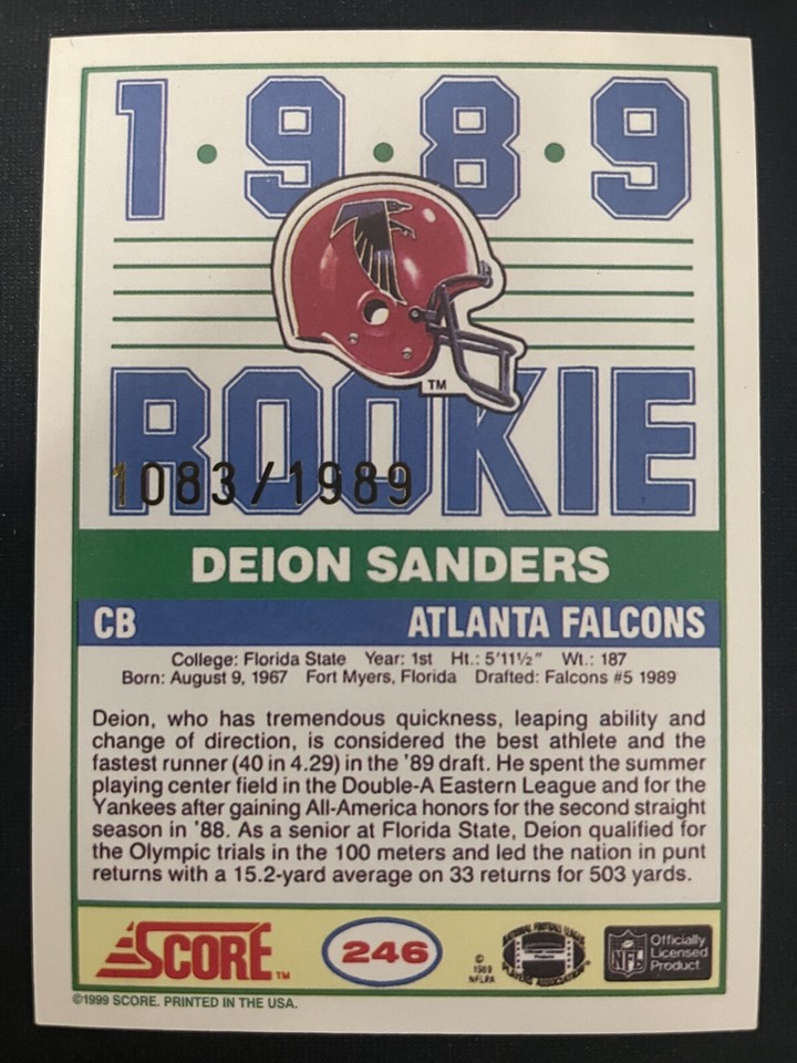 1999 DEION SANDERS SCORE 10th Anniversary Reprint SP 1989 RC 1083/1989 ...