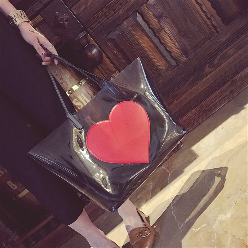 Women Red Heart Transparent Handbag PVC Waterproof Shopping Tote ...