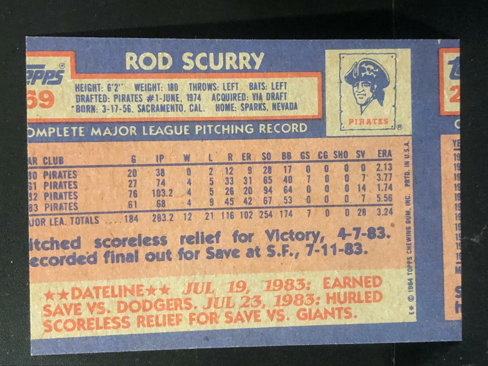 Rod Scurry 1984 Topps Baseball Error Factory Miscut OddBaLL Card ...