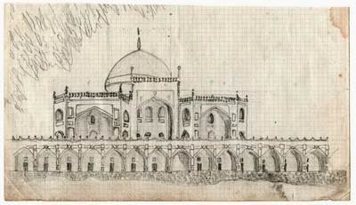 Found art Domed building Graphite on paper Vtg original pencil drawing ...
