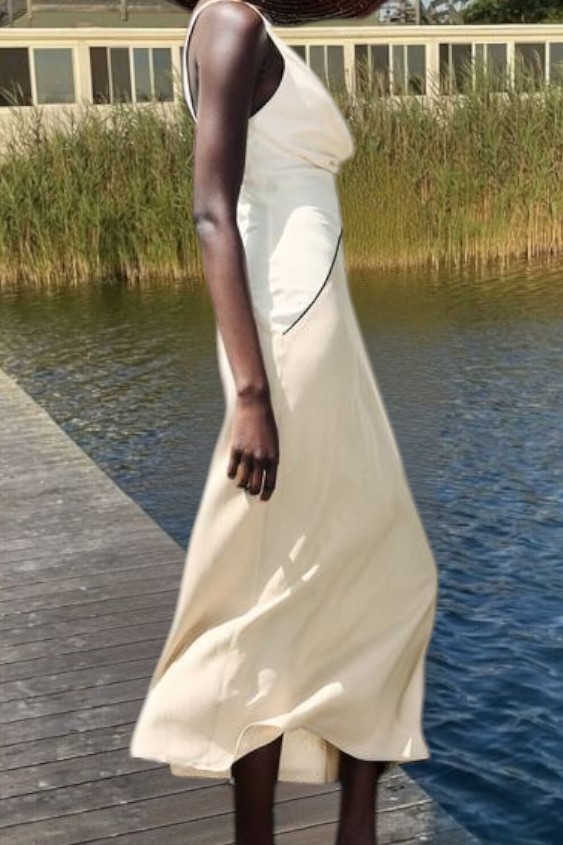 $79 ️ ZARA FLOWY V NECK LINEN ECRU BEIGE COMBINATION MIDI DRESS sz L ...