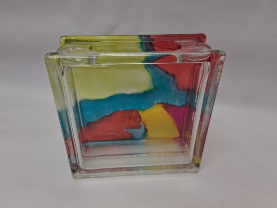 Glass Block 8x8” Heavy Thick Cut Square Wavy Design Vase Painted Multi ...