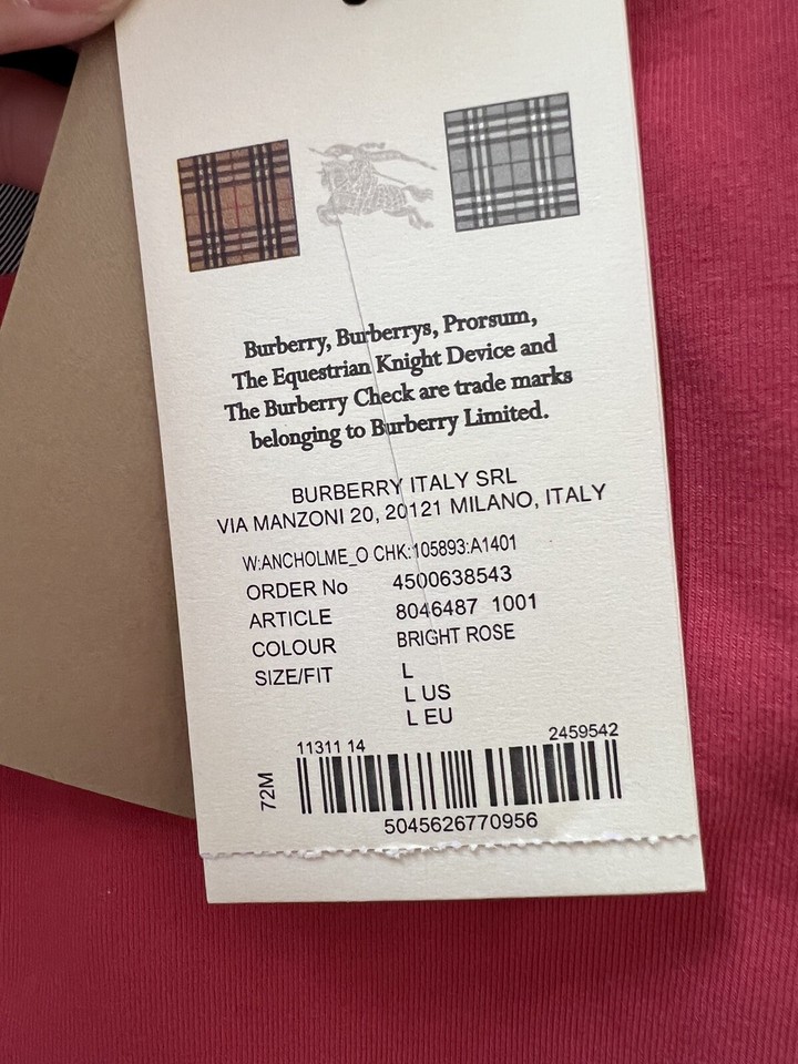 Burberry Womens Check Cuff Short Sleeved Tee Shirt L Bright Rose $170 ...