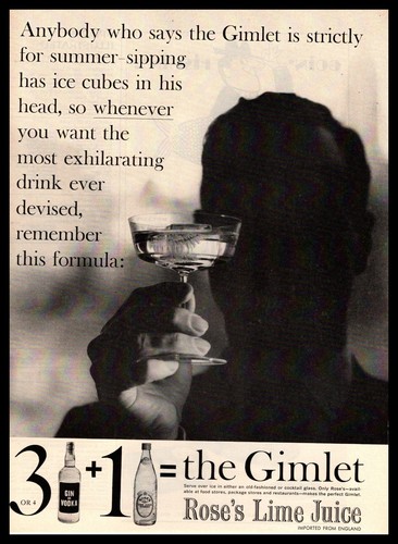 1959 Roses Lime Juice Gin Vodka Ice Gimlet Cocktail Drink Vintage