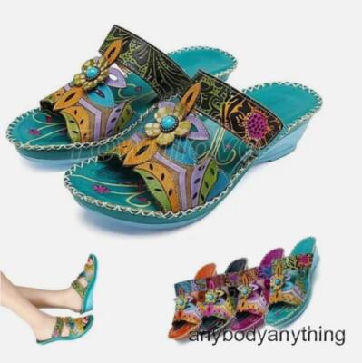 Women Bohemian Sandals Open Toe Wedge Heels Hollowed Floral Summer ...