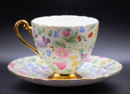 Vintage Shelley Countryside Footed Ripon Cup and Saucer Gold Edges | eBay