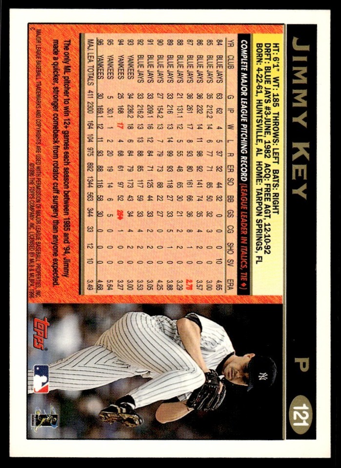 1997 Topps Baseball Card Jimmy Key vgy New York Yankees #121 | eBay