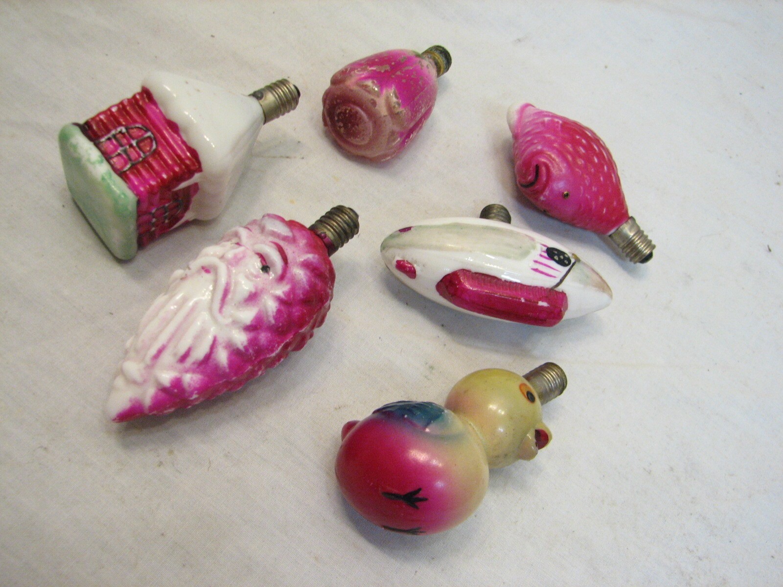 Set 6 Antique Christmas Figural Light Bulbs Santa Duck Zeppelin Fish ...