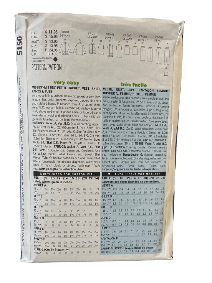 Butterick Sewing Pattern 5150 Coat Vest Skirt Pants Headband Miss Size ...
