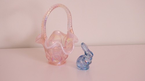 Fenton Pink Iridescent Glass Basket and Blue Bunny figurine | eBay