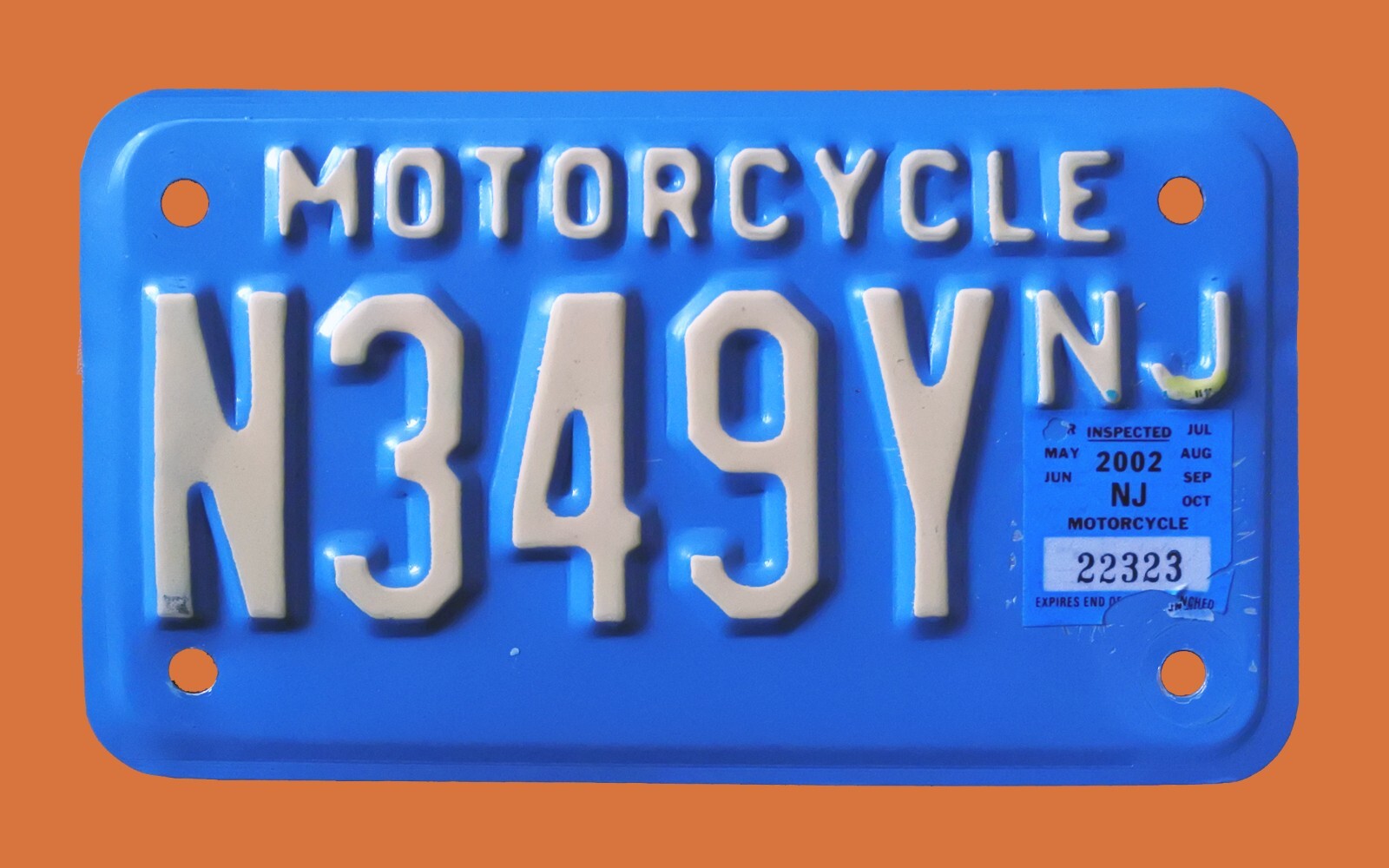 1992 NEW JERSEY BUFF ON BLUE MOTORCYCLE CYCLE LICENSE PLATE " N 349 Y ...