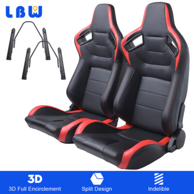 Pair of Reclinable Black + Red Racing Seats Set Adjustable Car Seats W ...