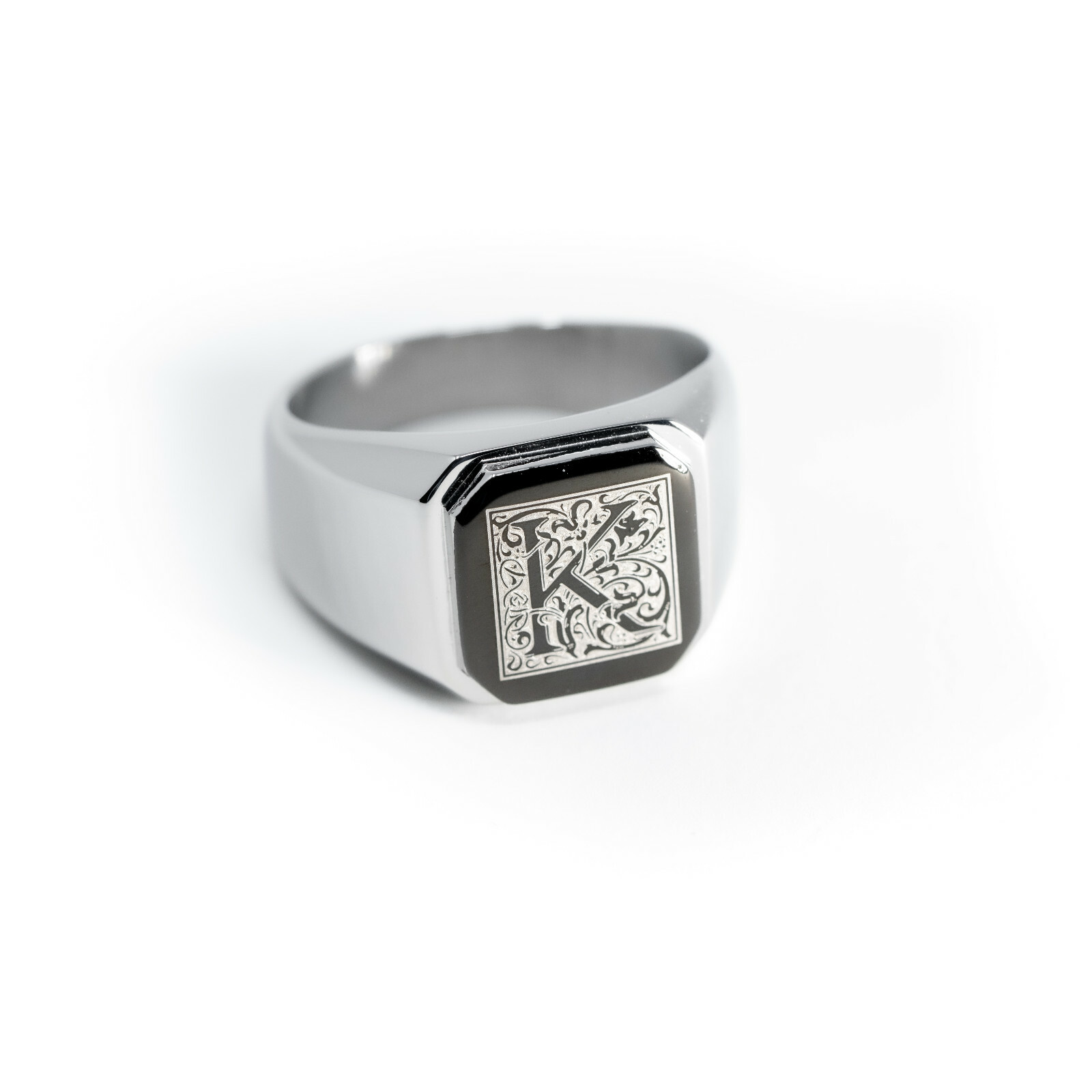 Stainless Steel Floral Monogram Letter K Mens Square Biker Flat Top ...