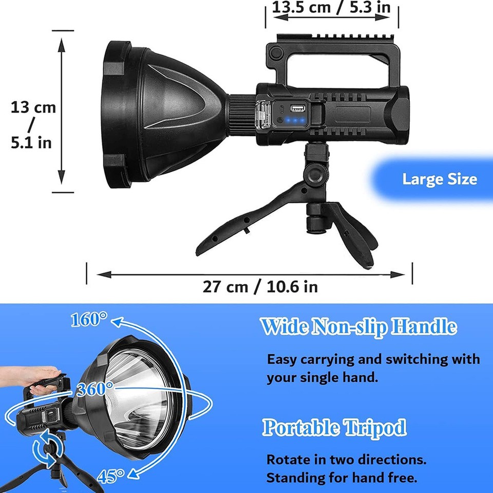 Super Bright LED Searchlight Portable Rechargeable Spotlight Handheld ...