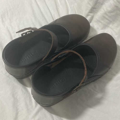 Sanita brown black leather mary jane clogs flats size 34/4 sturdy work ...