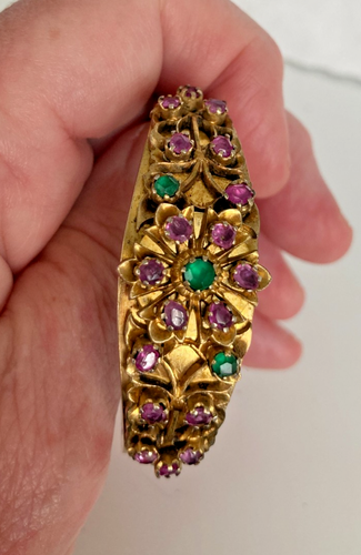 Antique 9k Gold Bangle w Red & Green Gems Small Size 20.5 G No Reserve ...