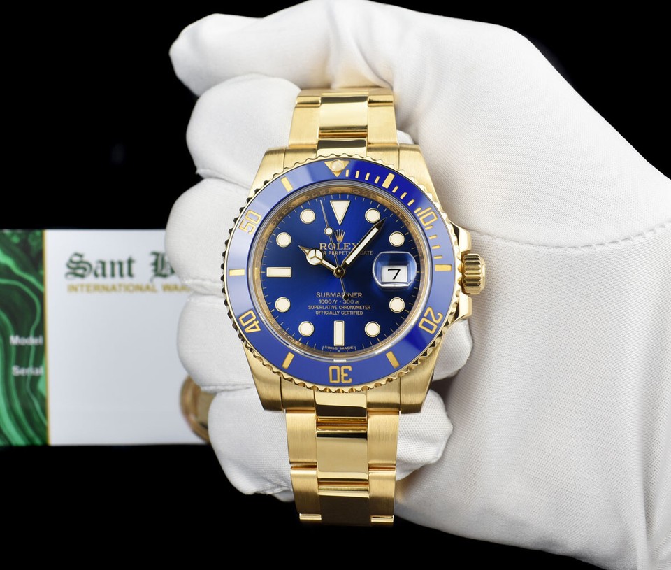 ROLEX 40mm 18kt Gold Submariner Blue Dial BOX CARD TAGS 116618 LB SANT ...