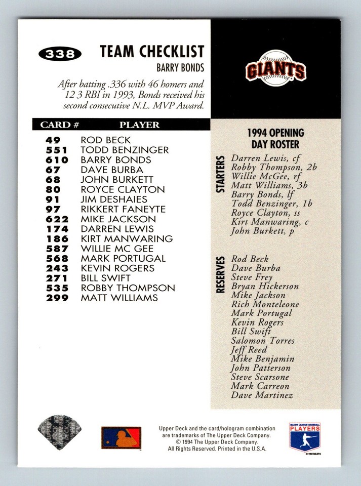 1994 Collector's Choice Barry Bonds #338 Team Checklist San Francisco ...
