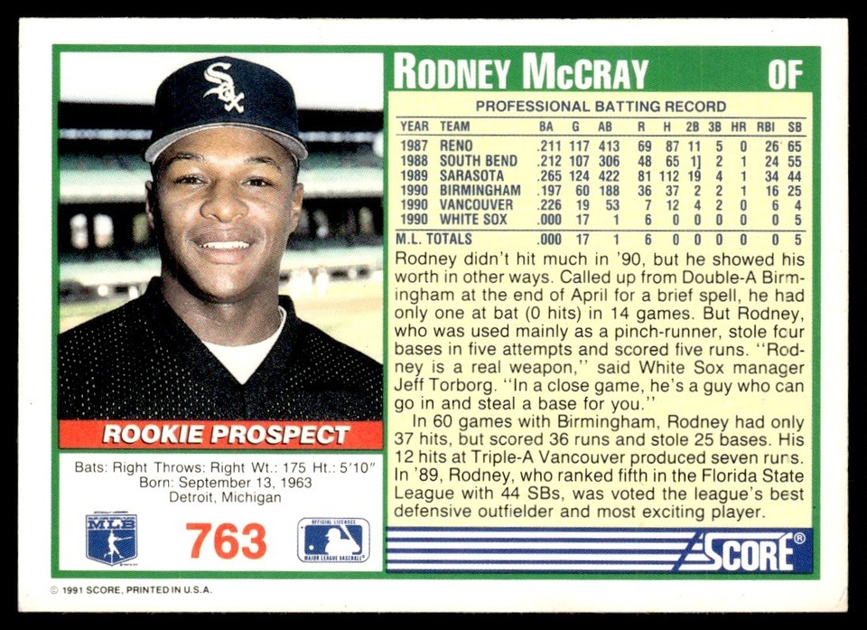 1991 Score Rodney McCray Rookie Chicago White Sox #763 | eBay
