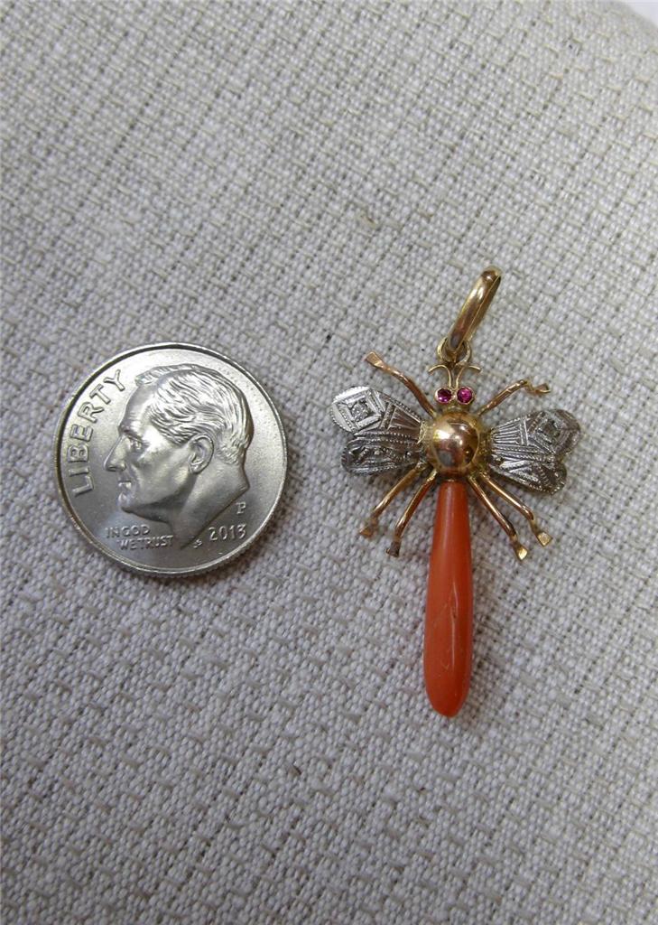 Art Nouveau Coral Diamond Ruby Dragonfly Pendant Insect c1900 Belle ...