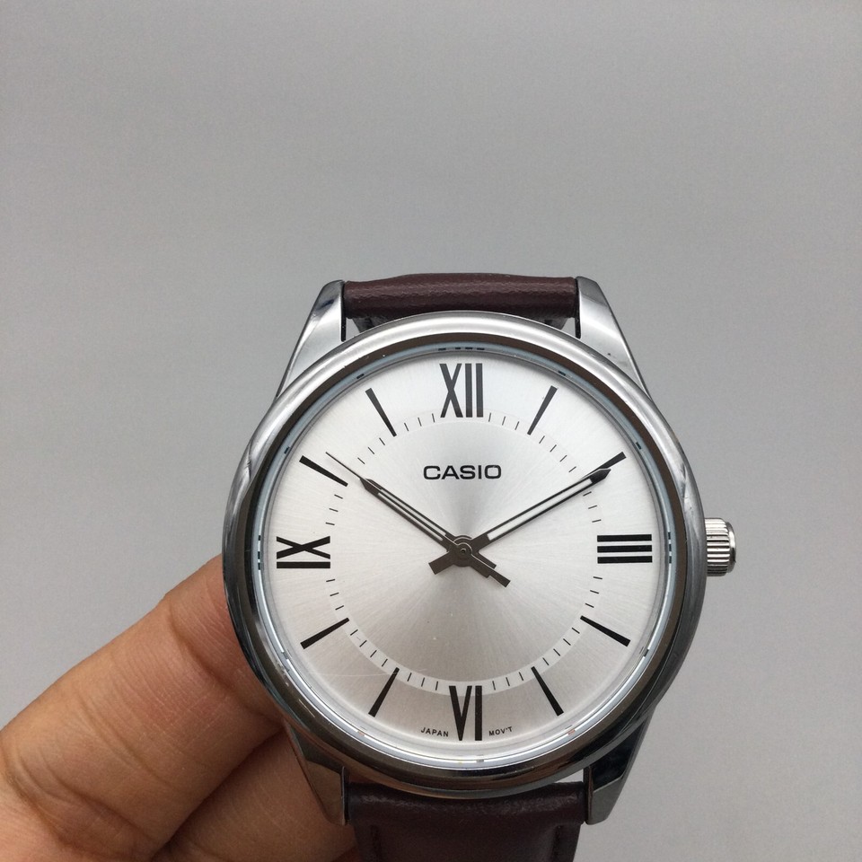 Casio Watch Men 5361 MTP-V005 40mm Silver Tone Leather Band New Battery ...