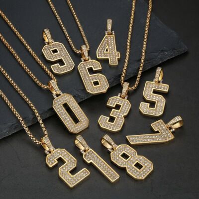 Iced Out Number 0-9 Necklace Stainless Steel plated Gold for Men Hip ...