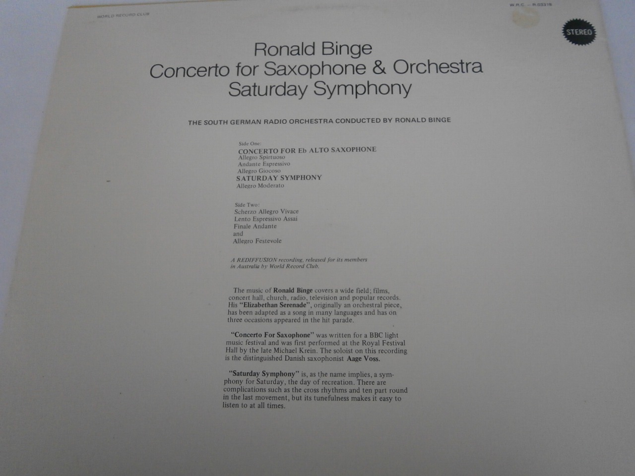 RONALD BINGE - concerto for saxophone - RARE LP | eBay Australia