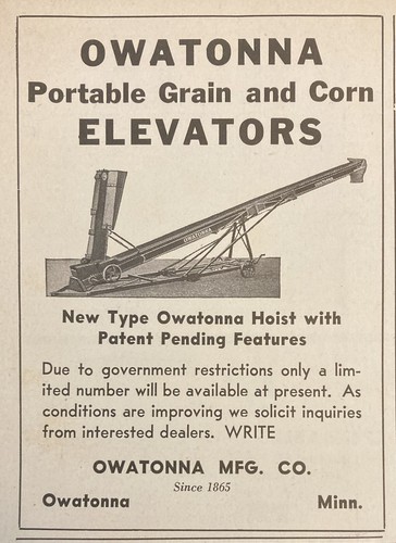 1945 AD.(XF25)~OWATONNA MFG. CO. MINN. PORTABLE GRAIN AND CORN ...