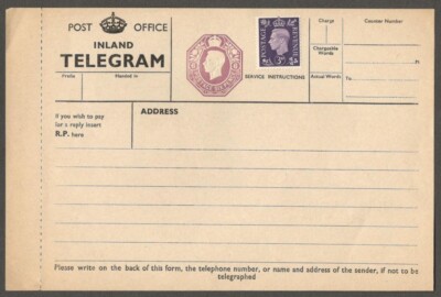 (AOP) GB KGVI 1940 6d (+3d stamp) telegram form unused. Huggins #TP26 ...