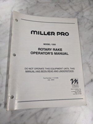 MILLER PRO OPERATOR OWNER SERVICE MANUAL MODEL 1350 ROTARY RAKE 2003 | eBay