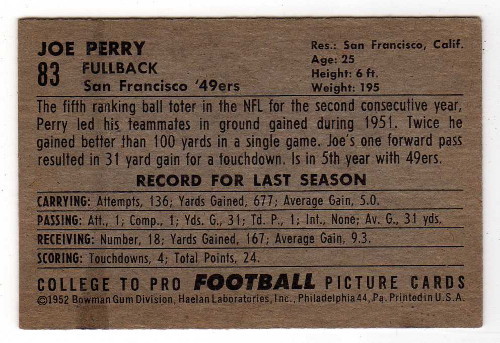 JOE PERRY 1952 BOWMAN SMALL #83 FOOTBALL CARD SAN FRANCISCO '49ERS | eBay