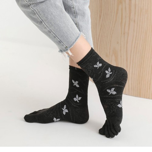 3Pairs Lady Warm Toe Socks Five Fingers Jacquard Flower Ethnic Retro ...