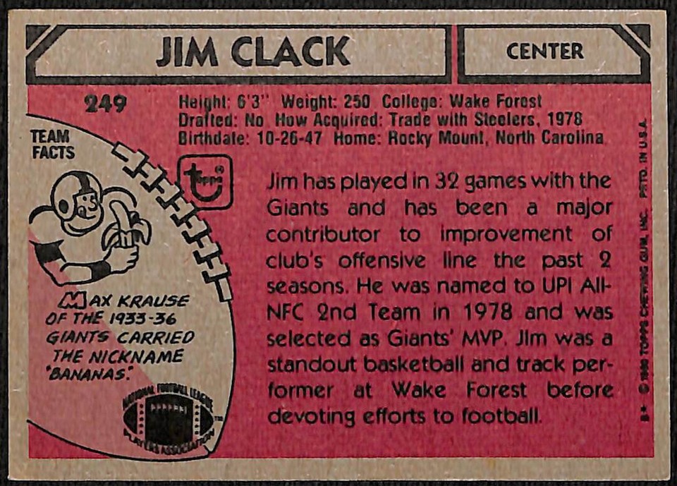 1980 Topps Jim Clack #249 New York Giants | eBay