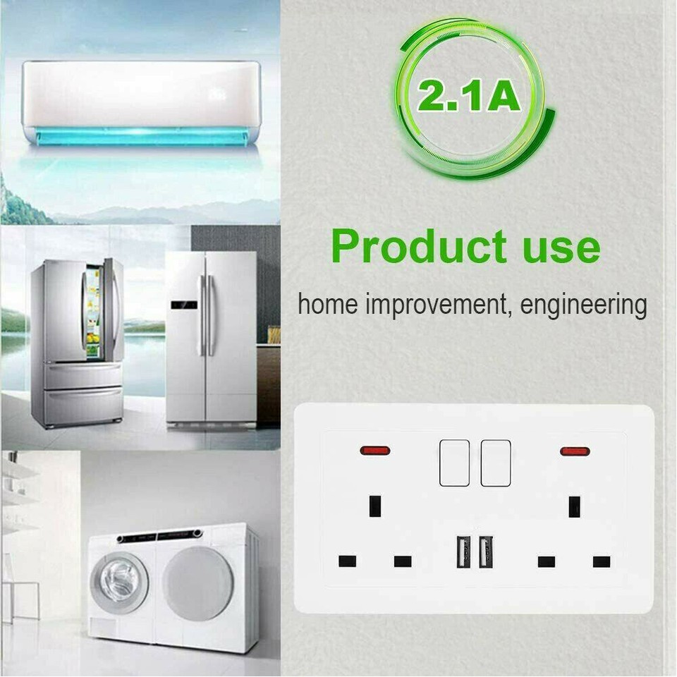 1-5PC Double Wall Plug Socket 2 Gang 13A 2 Charger USB Ports Outlets ...