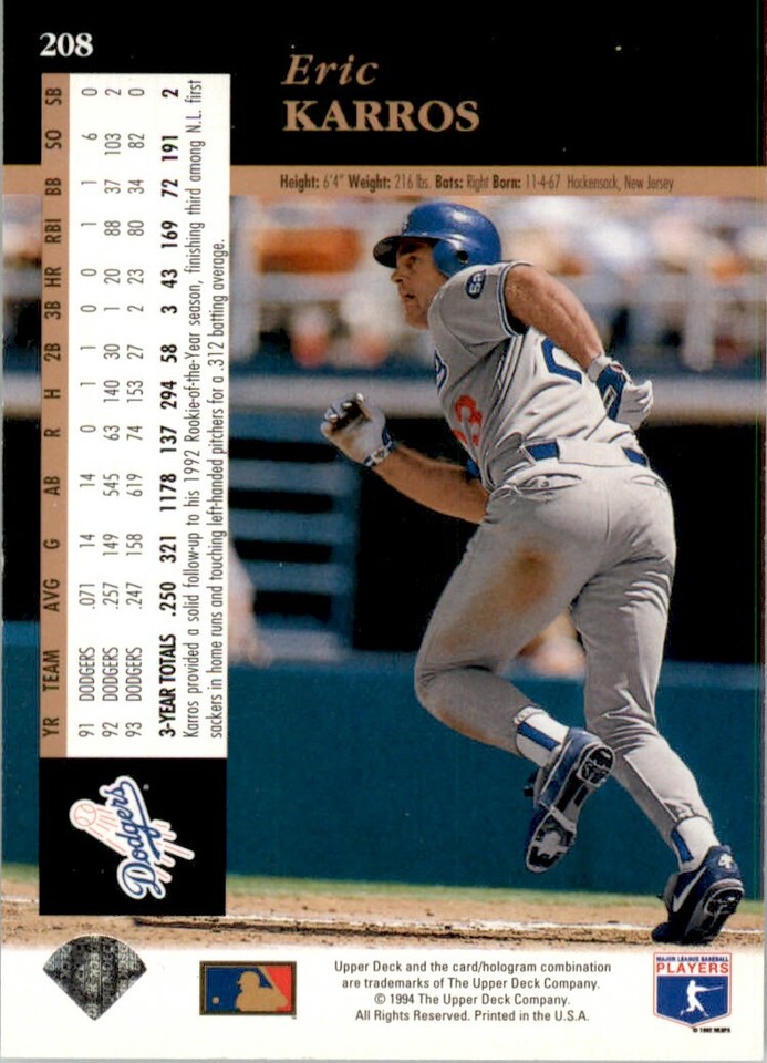 1994 Upper Deck Electric Diamond Eric Karros #208 | eBay