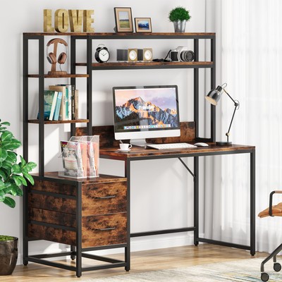 Rustic Computer Desk w/ Drawers Storage Shelves, Study Writing Table ...