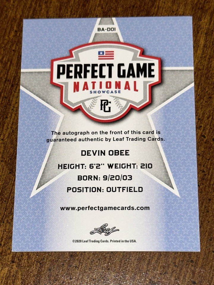 DEVIN OBEE 2020 Leaf Perfect Game GREEN AUTOGRAPH #4/10 DUKE BLUE ...