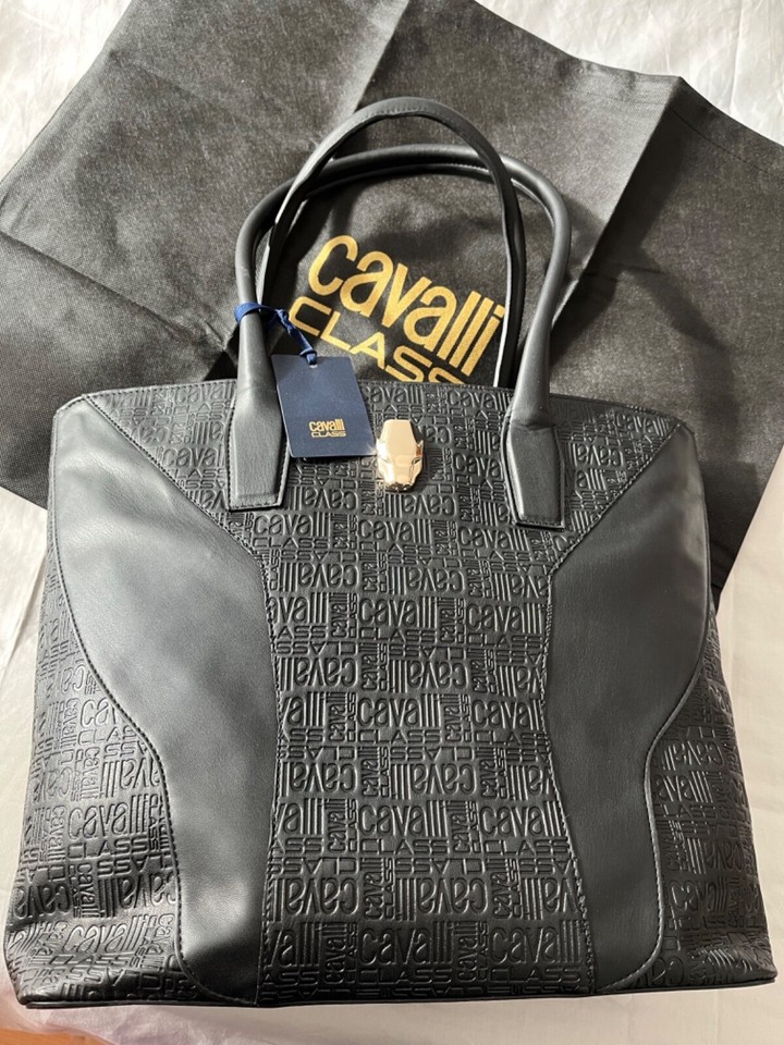 New Cavalli Class by Roberto Cavalli Monogram Embossed Black Leather ...