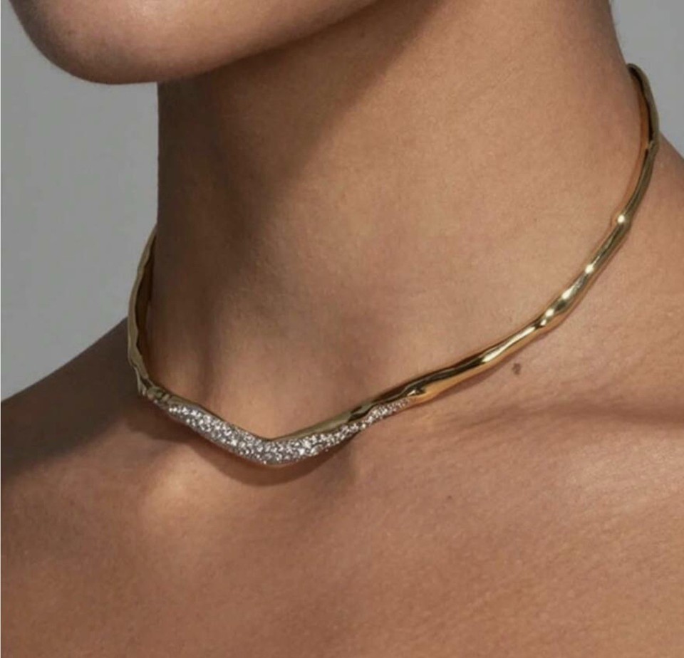 Solanales Necklace Crystal Pavé Collar Gold Chain Irregular Boho CZ VTG ...