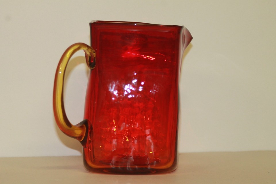 Blenko Glass Pitcher Design 7911S - Barnwood Series - in Rare Tangerine ...