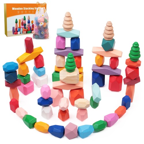 50PCS Wooden Stacking Rocks Building Blocks,Sensory Preschool Learning ...