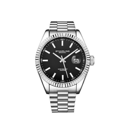 NEW Stuhrling 3935 3 Symphony Quartz Date Black Dial Stainless Steel ...