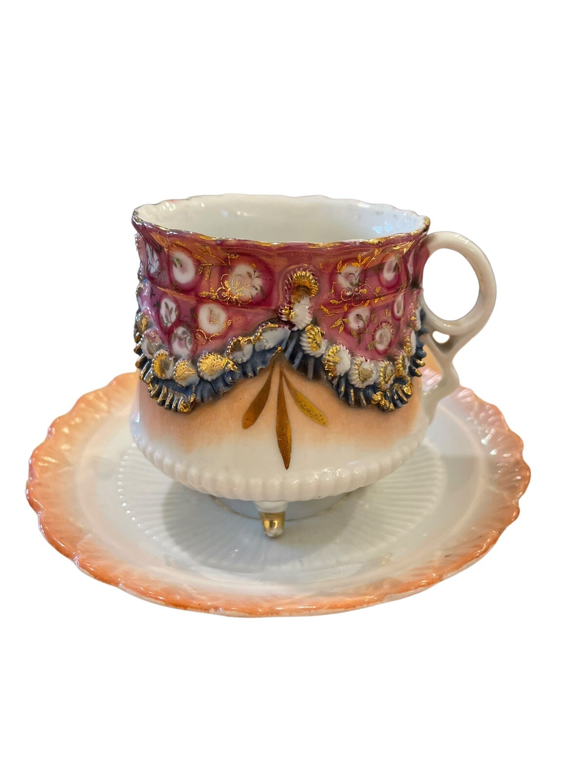 Antique Exquisite Applied Clams Shells Footed Pink Blue Tea Cup Saucer ...