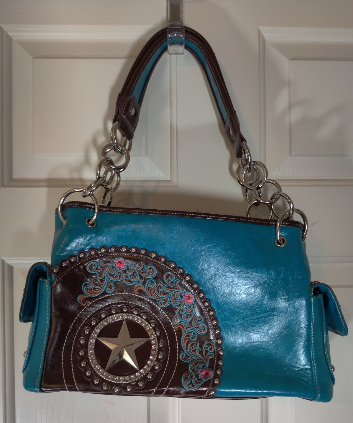 Rustic Couture shoulder purse with rhinestones, turquoise, teal, black ...