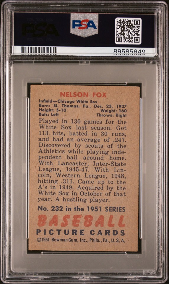 1951 Bowman Nelson Fox #232 PSA 4 VG-EX HOF White Sox Vintage Rookie ...