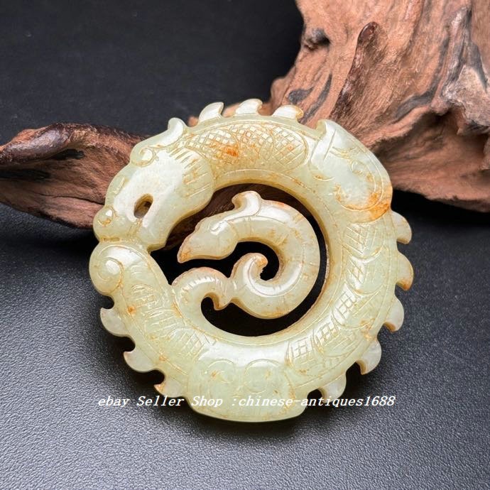 2.2" Old Chinese Dynasty Natural Hetian Jade Carve Dragon Phoenix YuBi ...