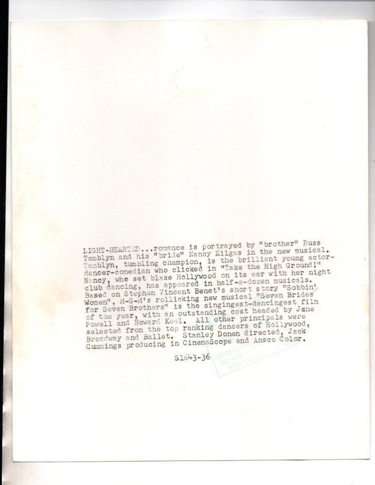 RUSS TAMBLYN NANCY KILGAS ORIG 8X10 PHOTO 1954 SEVEN BRIDES FOR SEVEN ...