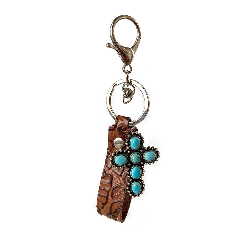 Retro Turquoise Cross Leather Keyring for Men Women Keychain Bag Car ...